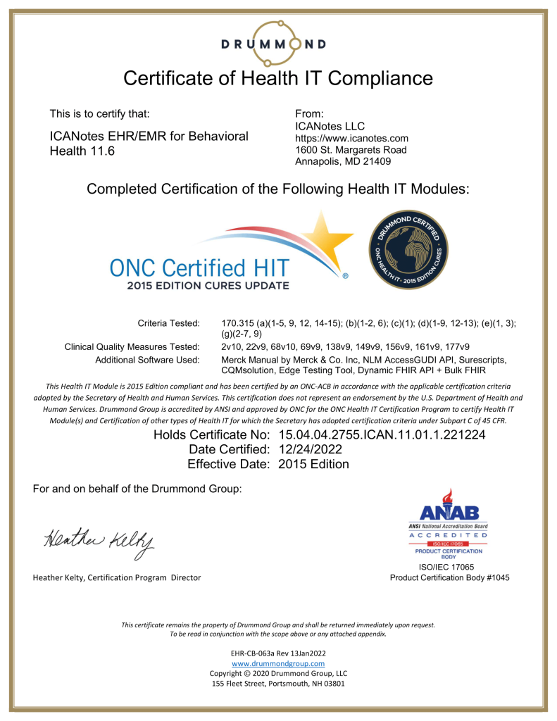 ONC-ATCB Certified Behavioral Health EHR for Clinicians | ICANotes